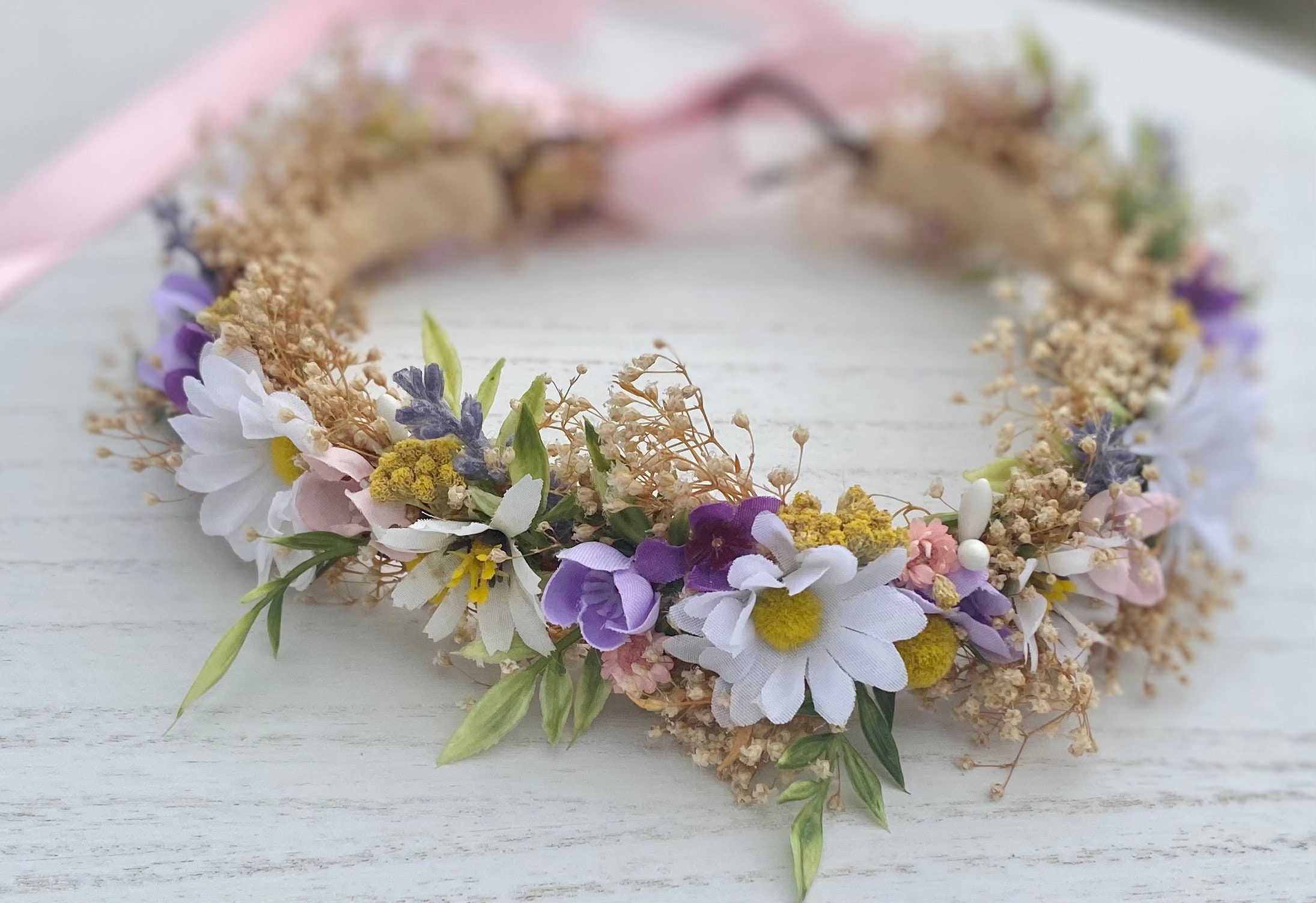 Daisy Flower Crown: Baby's Breath, Pink & Lavender Hair Wreath - Etsy