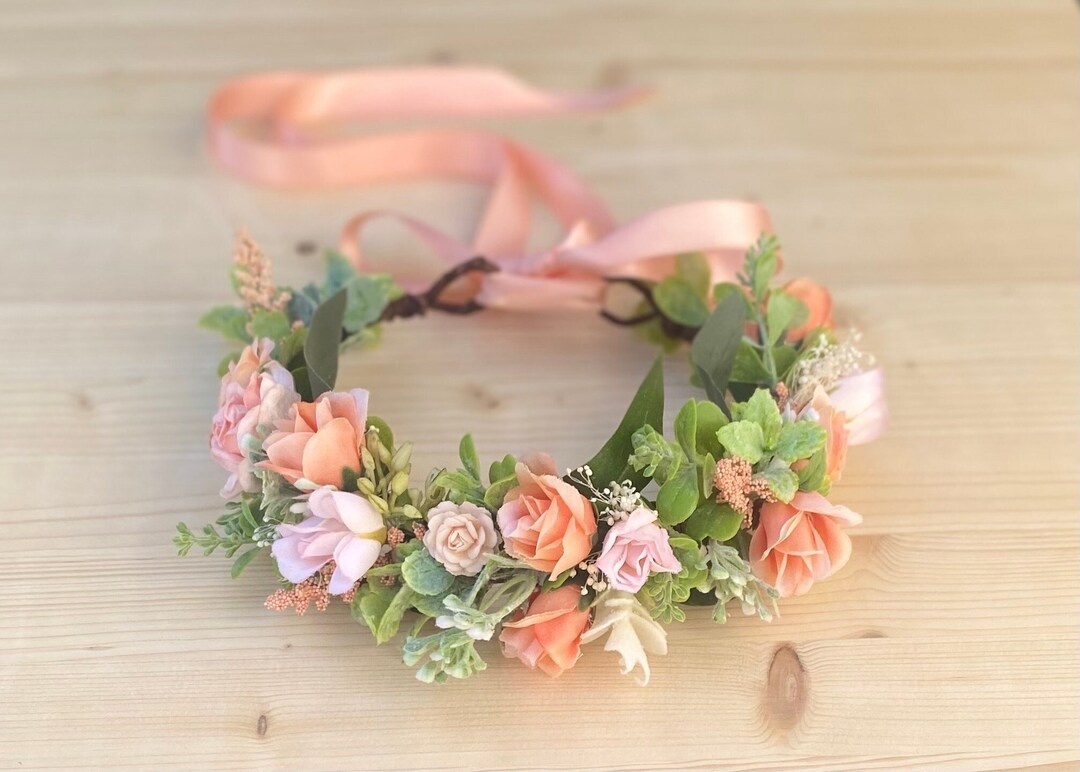 Peach & Pink Flower Crown - Rose Flower Crown - Flower Girl Crown ...
