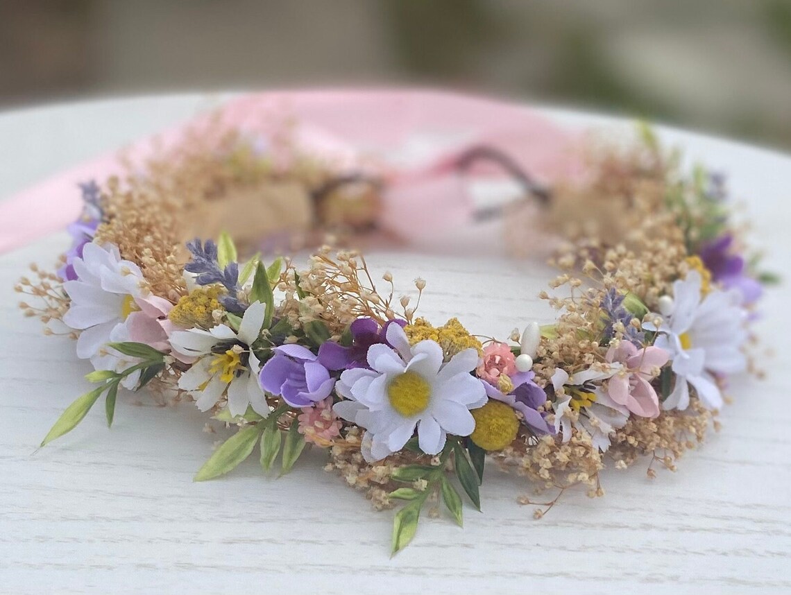 Daisy Flower Crown: Baby's Breath, Pink & Lavender Hair Wreath - Etsy