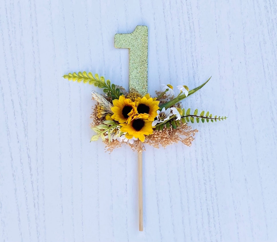 Floral Cake Topper: Sunflower & Daisy, Gold Glitter Number One - Etsy
