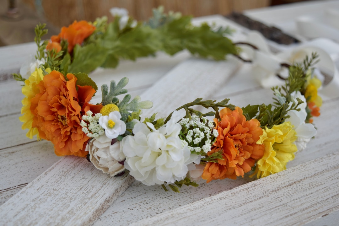 Orange & Yellow Flower Crown Marigold Flower Crown Hair Wreath Spring ...