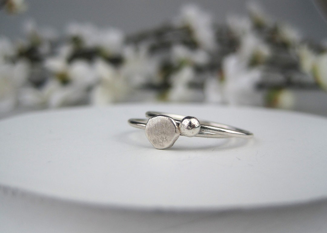 Sterling Silver Sphere + Forged Pebble Stacking Ring Set | 2 Ring Set ...