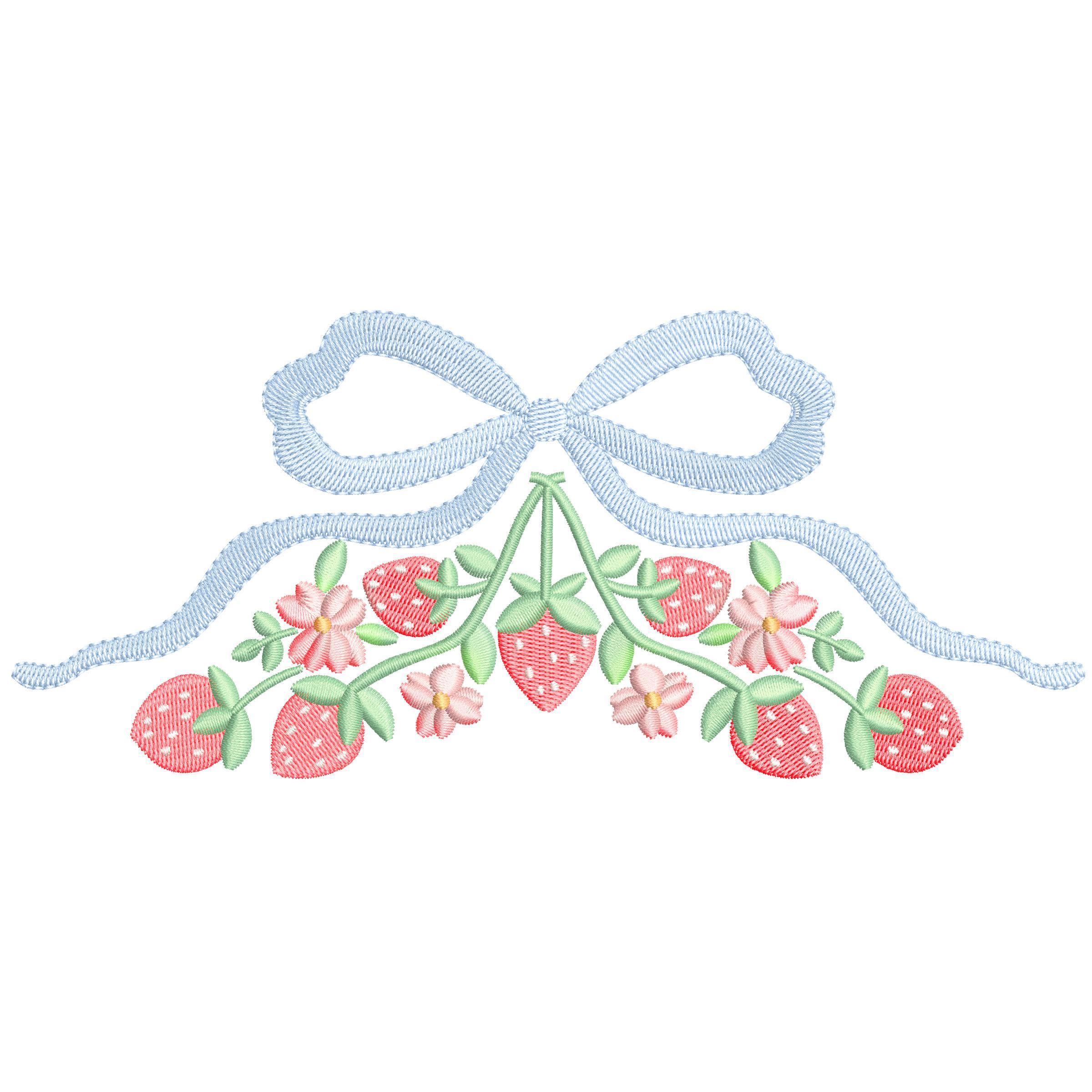 Grandmillennial Strawberry Bow Embroidery Design, Digital Embroidery ...