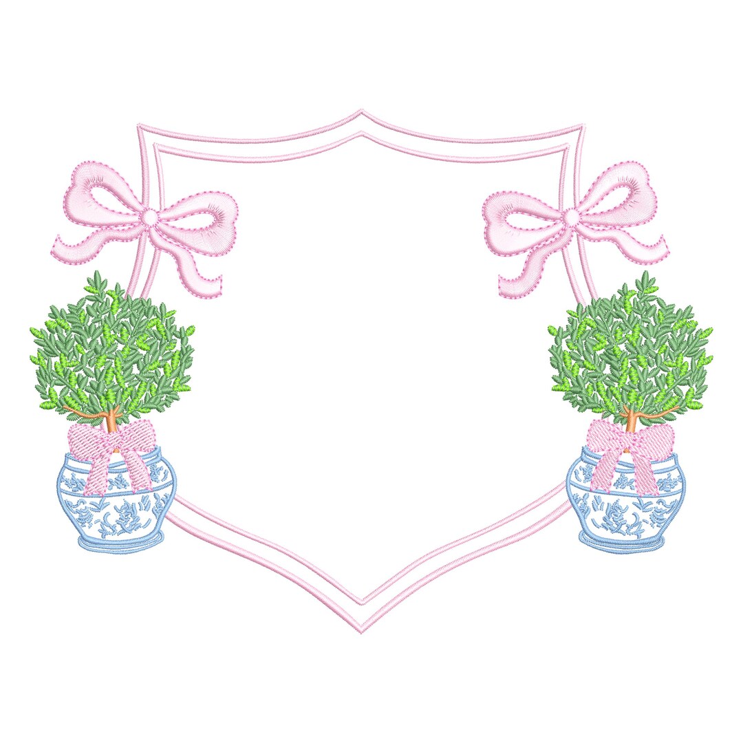 Preppy Crest Chinoiserie Pot Embroidery, Chinoiserie Topiary Embroidery ...