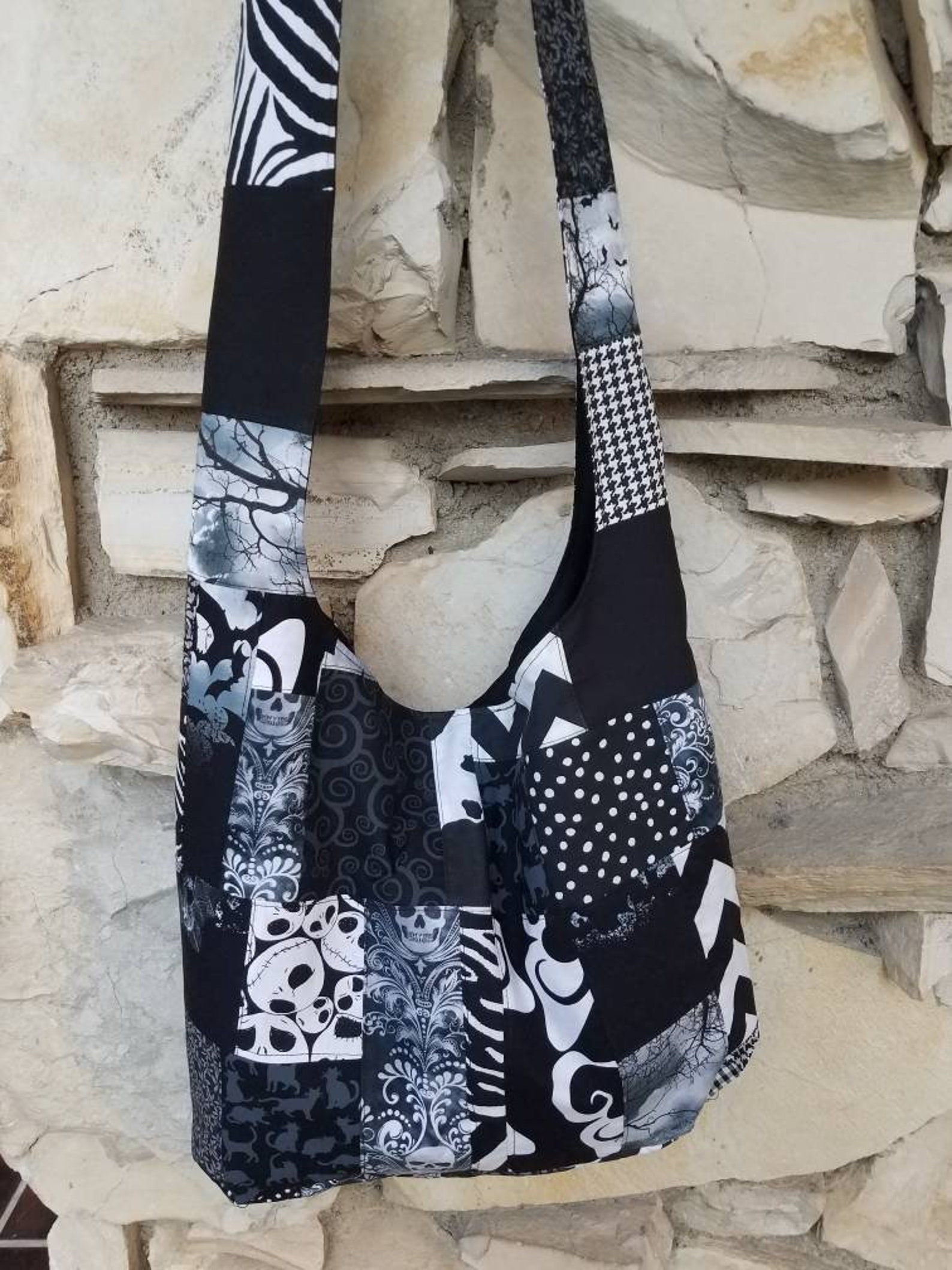 Patchwork Hobo Bag. Edgy Crossbody Hobo Bag, Skull, Bats, Graveyard ...