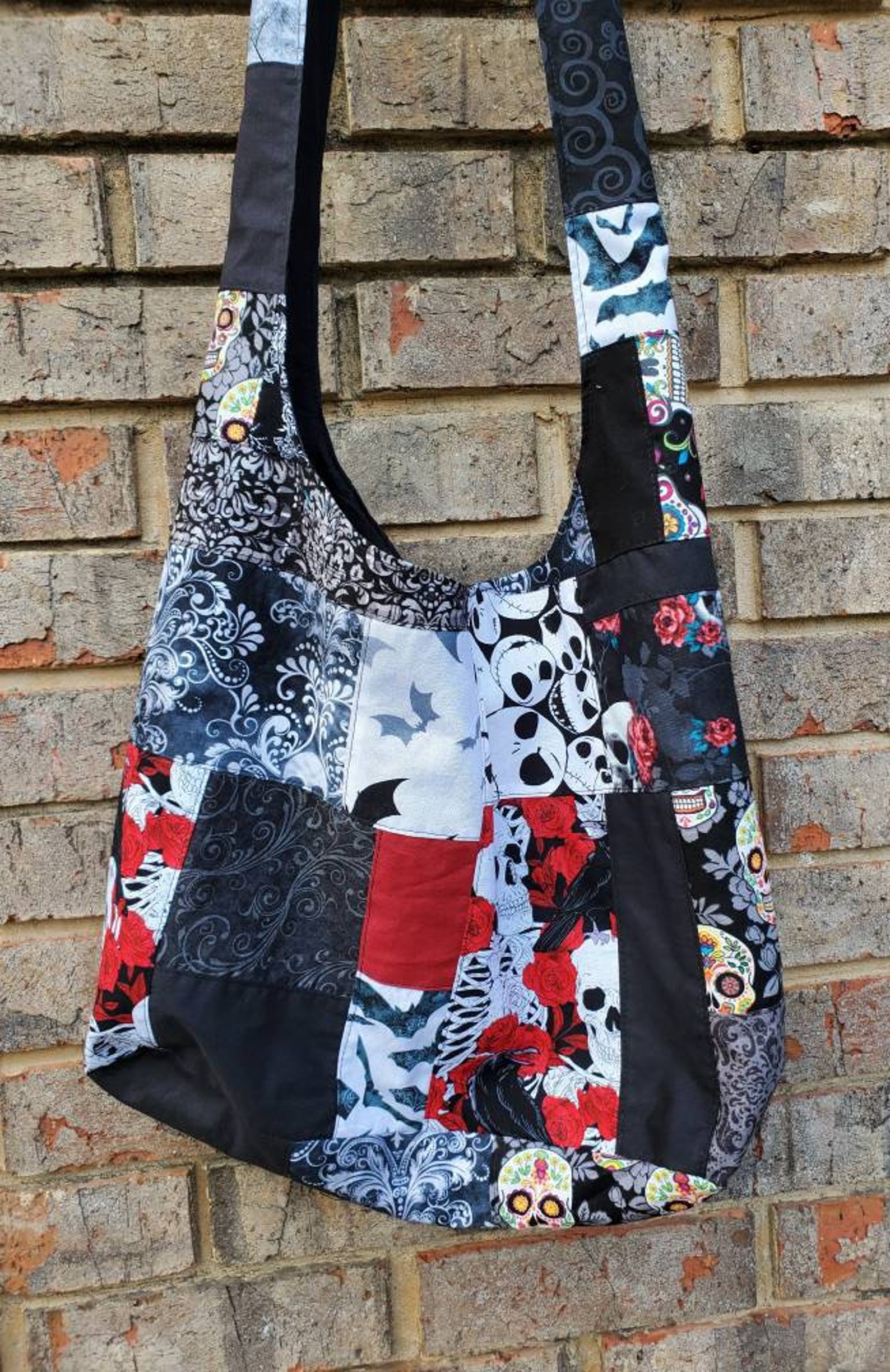 Patchwork Hobo Bag. Edgy Crossbody Hobo Bag, Skull, Bats, Graveyard ...