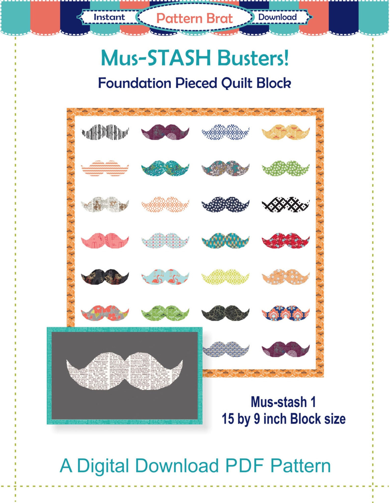 Mus-stash BUSTER Mustache Quilt Block Pattern Instant | Etsy