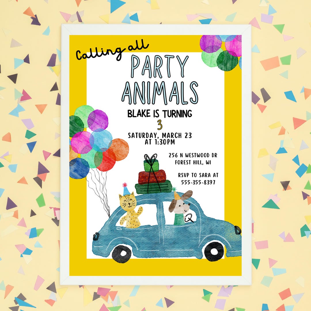 Party Animals Editable Template Birthday Invitation Animals in Car Wild ...