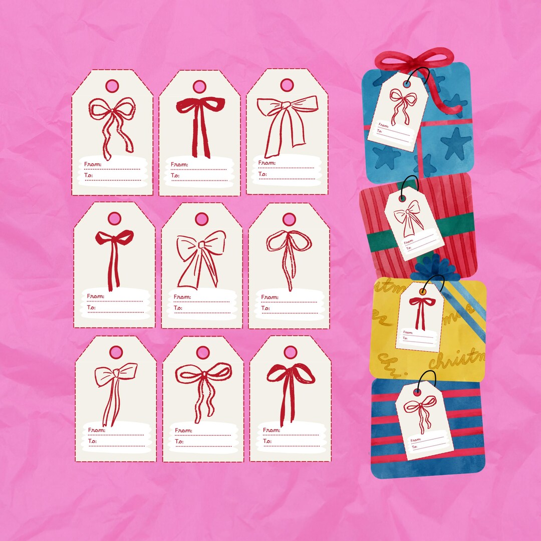 Christmas Gift Tags: 9 Bow Designs, Printable Canva Template (digital ...