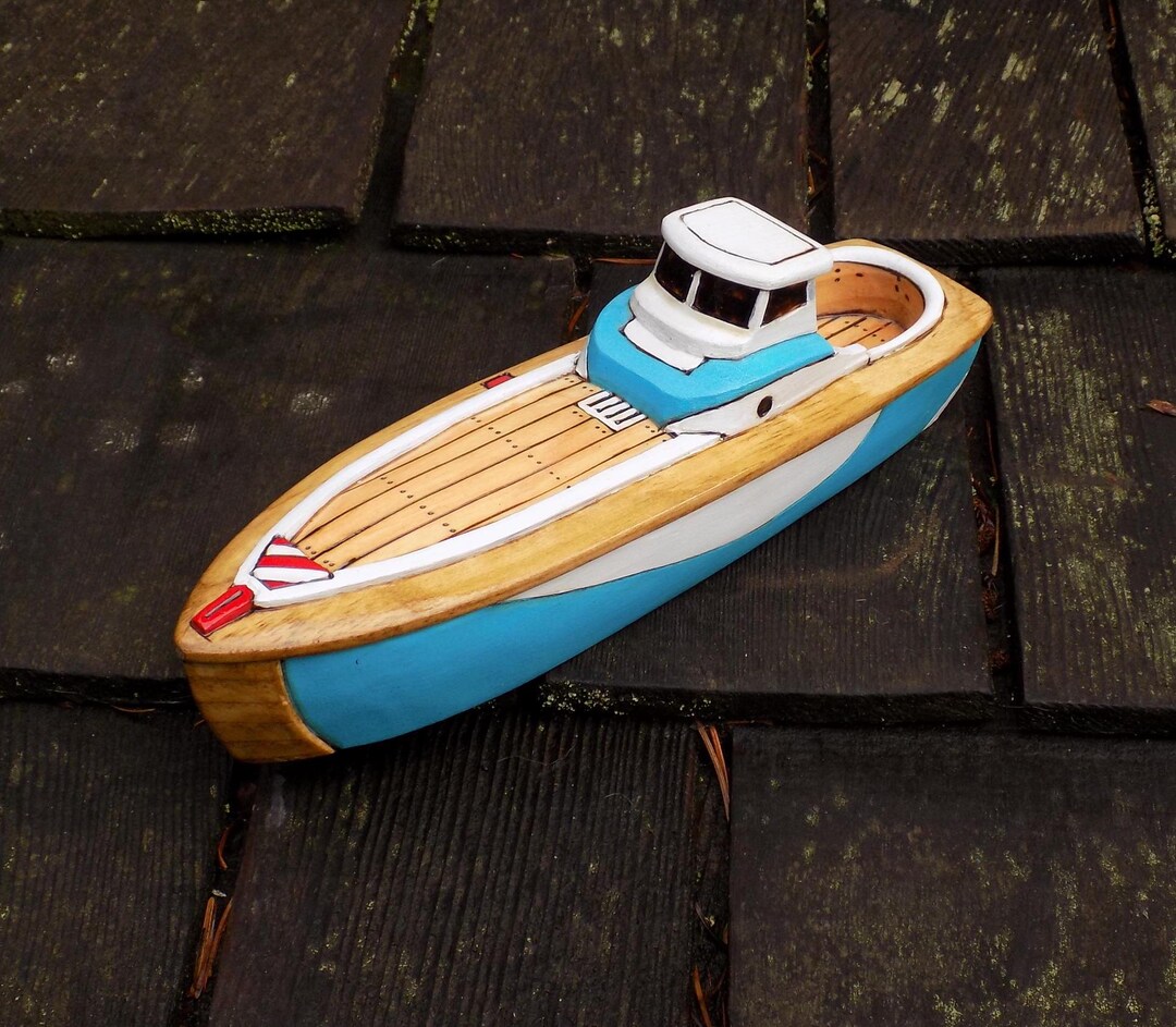 RACER / Hand Made Wood Toy Boat/ Blue and White - Etsy