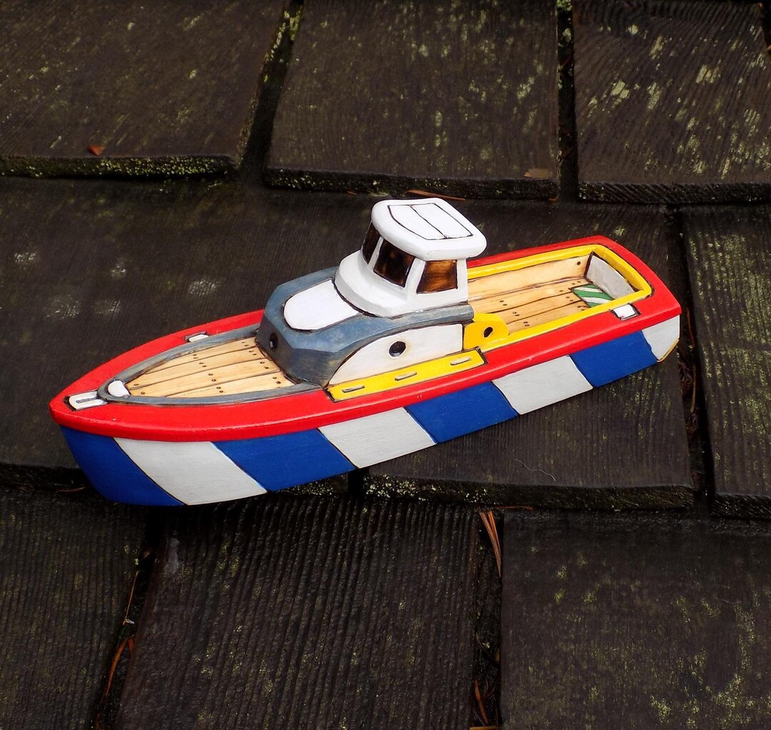SCOUT/ Hand Made Wood Toy Boat/ Blue and White Stripe - Etsy