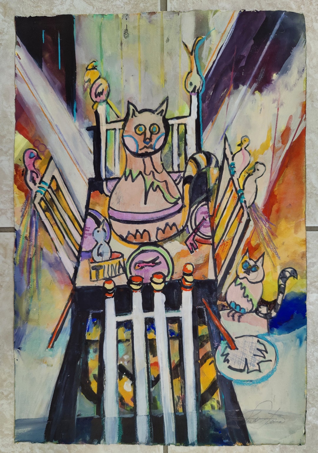 Vintage Whimsical Fun Cat + Bird Watercolor Original Vicki Serva ...