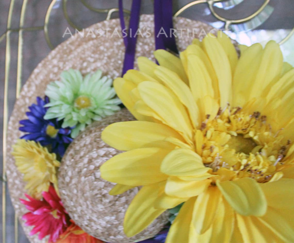 Colorful Gerbera Daisy and Straw Hat Door Decor - Summer Wreath ...