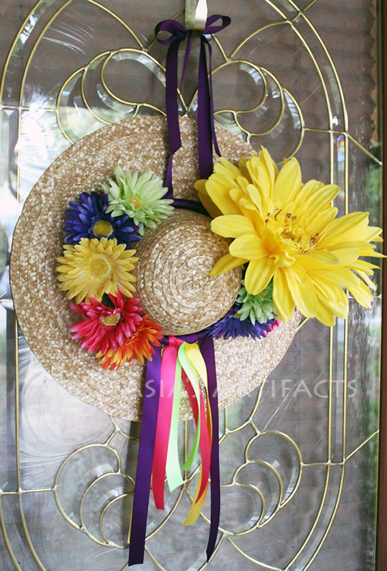 Colorful Gerbera Daisy and Straw Hat Door Decor - Summer Wreath ...