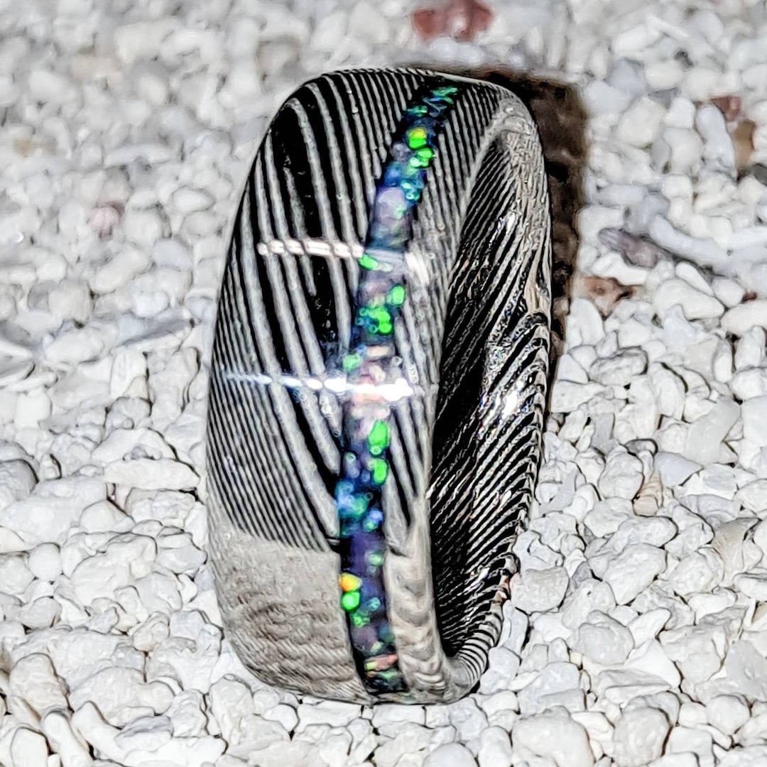 Twisted Damascus Steel With an Offset Inlay of Multi-violet Opal - Etsy