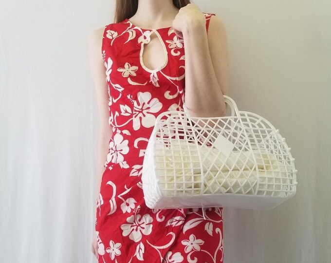 1990s Puanani Made in Hawaii Red and White Hibiscus Print Faux Wrap ...