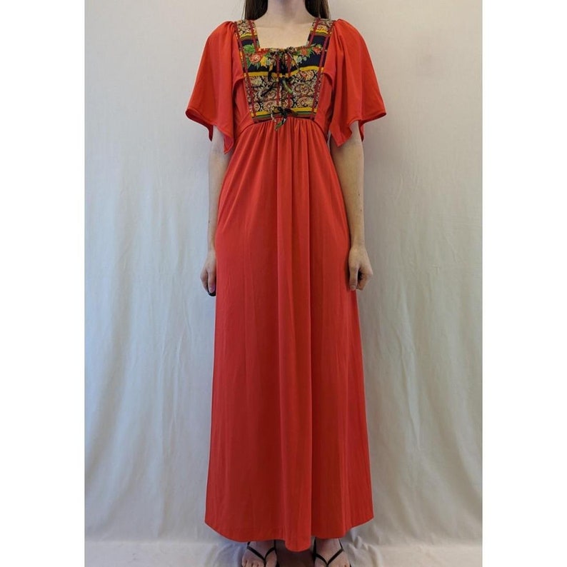 1970s Ronda Roy Red Prairie Maxi Dress With Fluttery Sleeves, Empire ...
