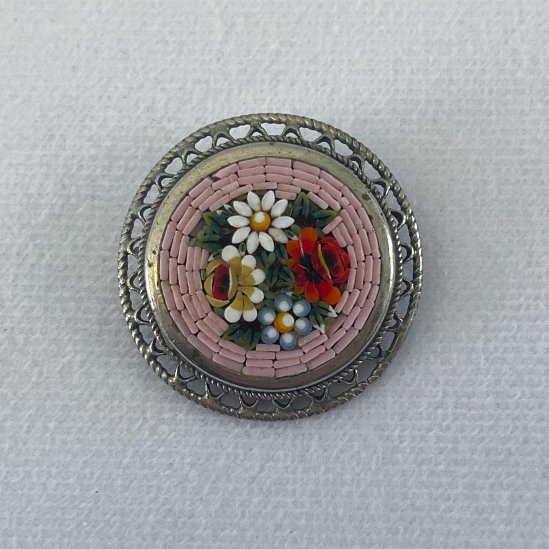1960s Made in Italy Round Silver-toned Filigree Brooch With Floral ...