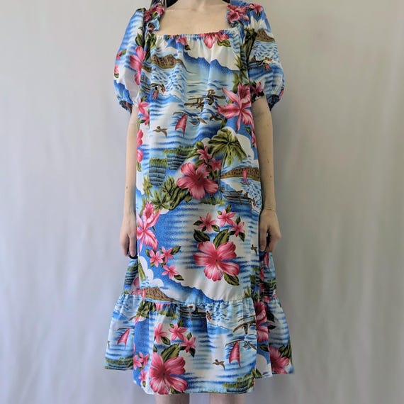 1970s Hookano Hawaii Puff Sleeve Midi Dress With Trop… - Gem