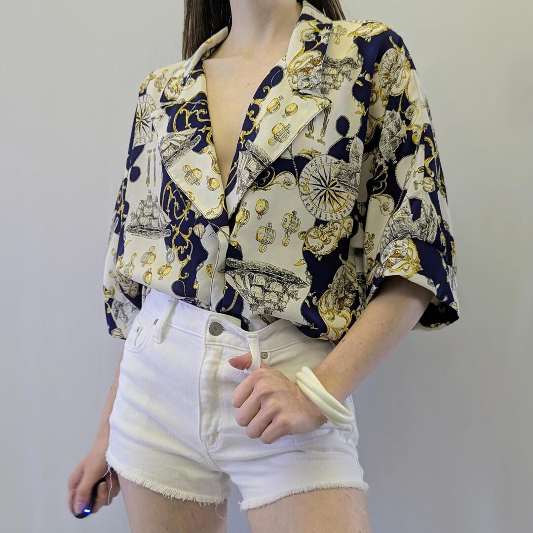 1980s White, Navy and Gold Nautical Print Short-sleeve Blouse With ...