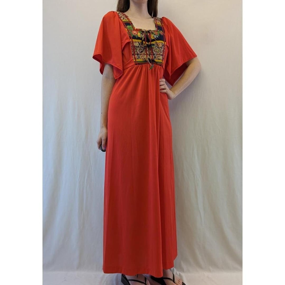 1970s Ronda Roy Red Prairie Maxi Dress With Fluttery Sleeves, Empire ...