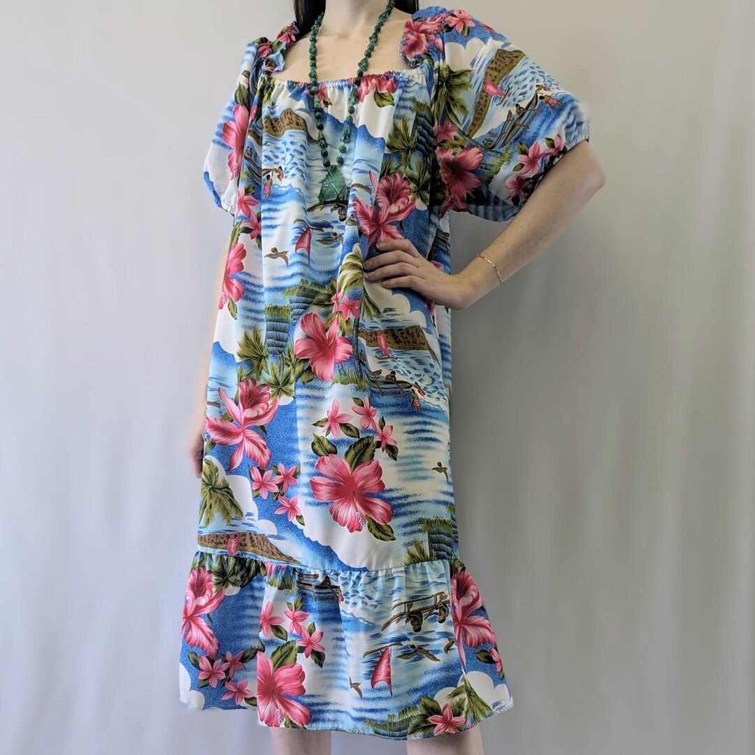 1970s Hookano Hawaii Puff Sleeve Midi Dress With Tropical Print and ...