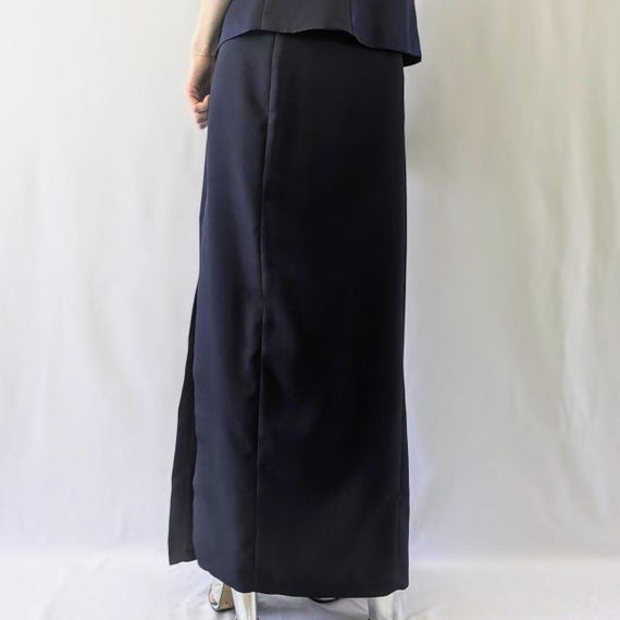 1990s Nu Mode Navy Maxi Skirt With Long Side Slit - Gem