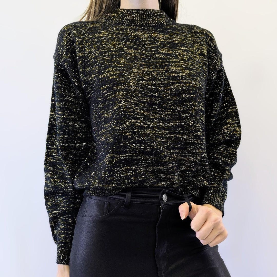 1980s Au Courant Black and Gold Sweater With Ribbed Crew Neckline - Etsy