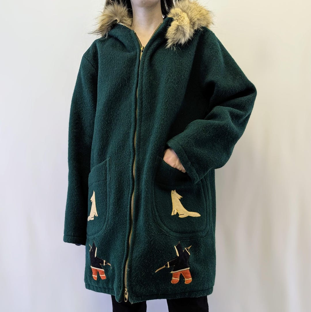 1980s Inuit Style Forest Green Wool Parka With Appliques, Fur Hood and ...