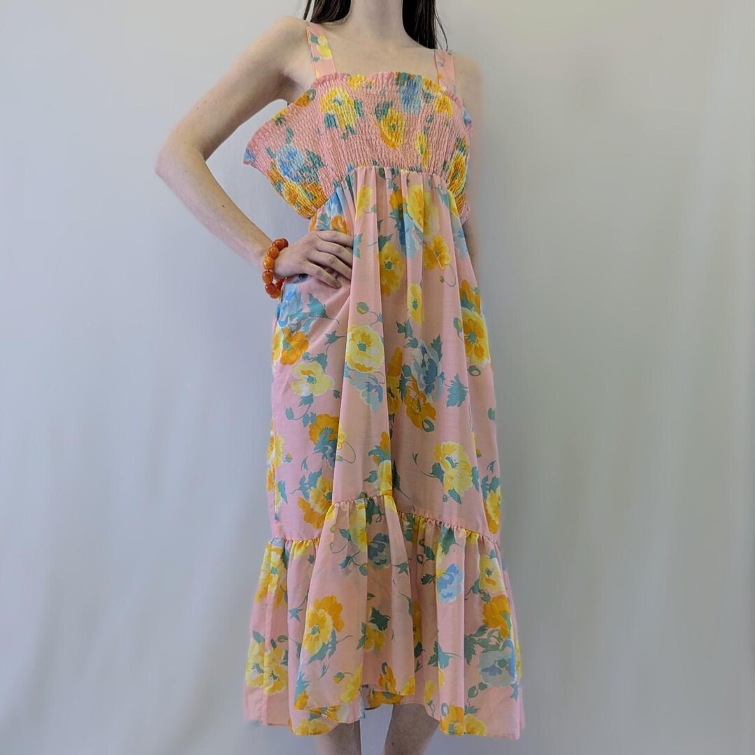 1970s Baby Pink Multicoloured Floral Print Midi Dress With Smocked ...