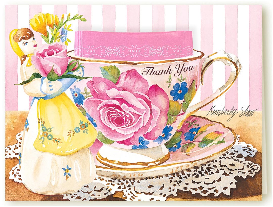 Thank You Teacup Greeting Card With a Rasberry Teabag Tucked in a Pink ...