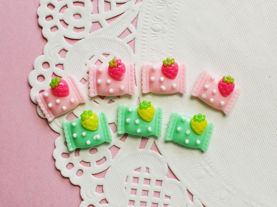 7 Pcs Pink and Green Sweet Strawberry Wrapped Candy Cabochons 20x16mm ...