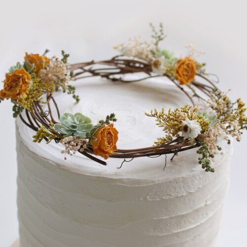 Wildflower Cake Topper Wreath With Dried Yellow Roses and | Etsy
