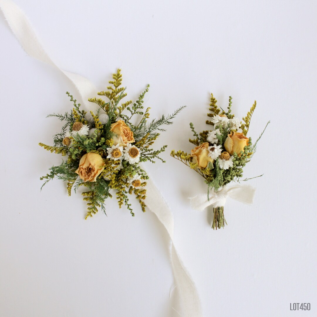 Wrist or Pin on Corsage and Boutonniere Set, Wildflower Mixed Floral ...