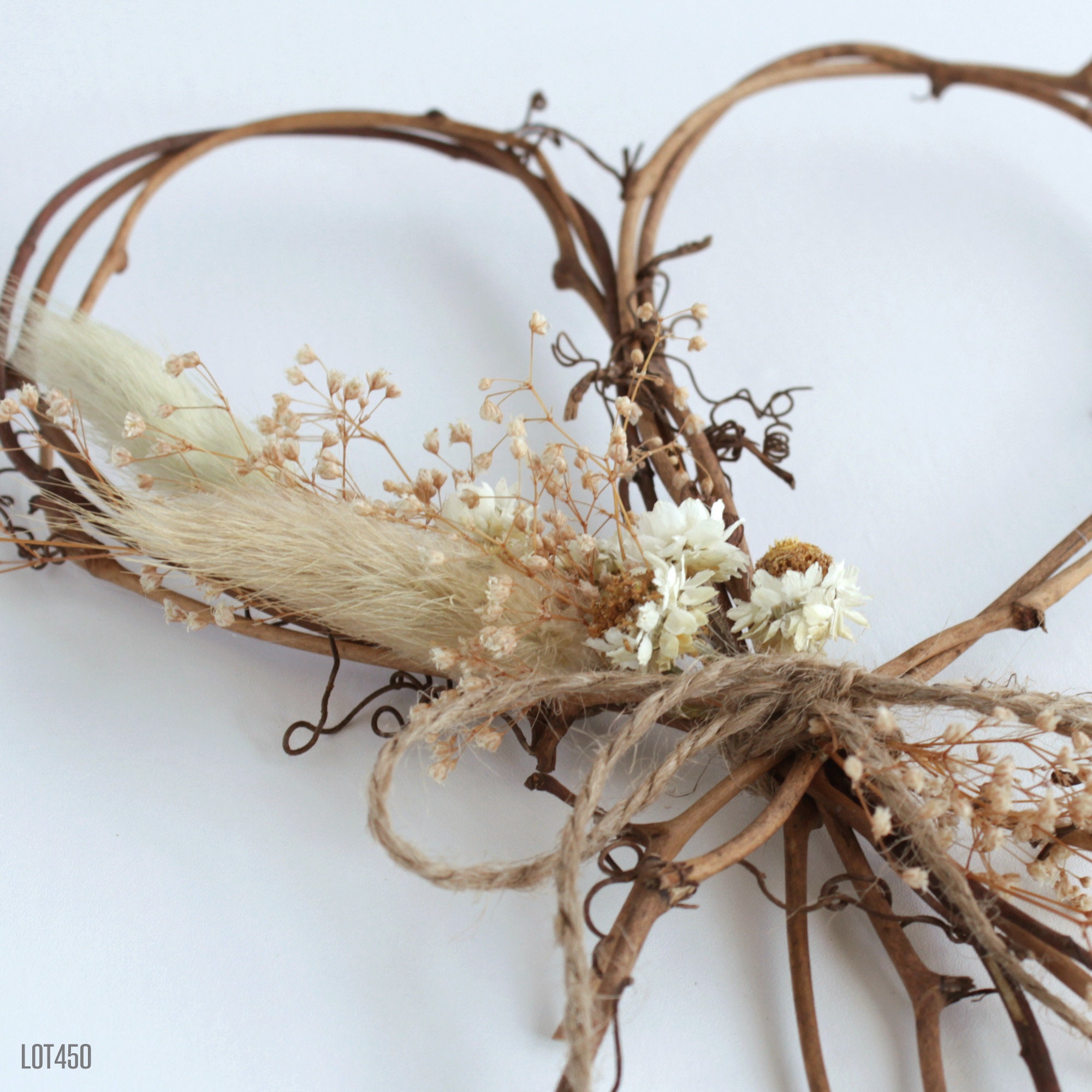 Grapevine Heart Wreath With Dry Flowers, Natural Neutrals, White and ...