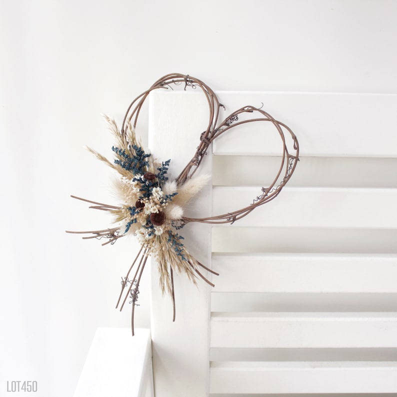 Boho Rustic Grapevine Heart Wreath With Blue and Neutral Dry Flowers ...
