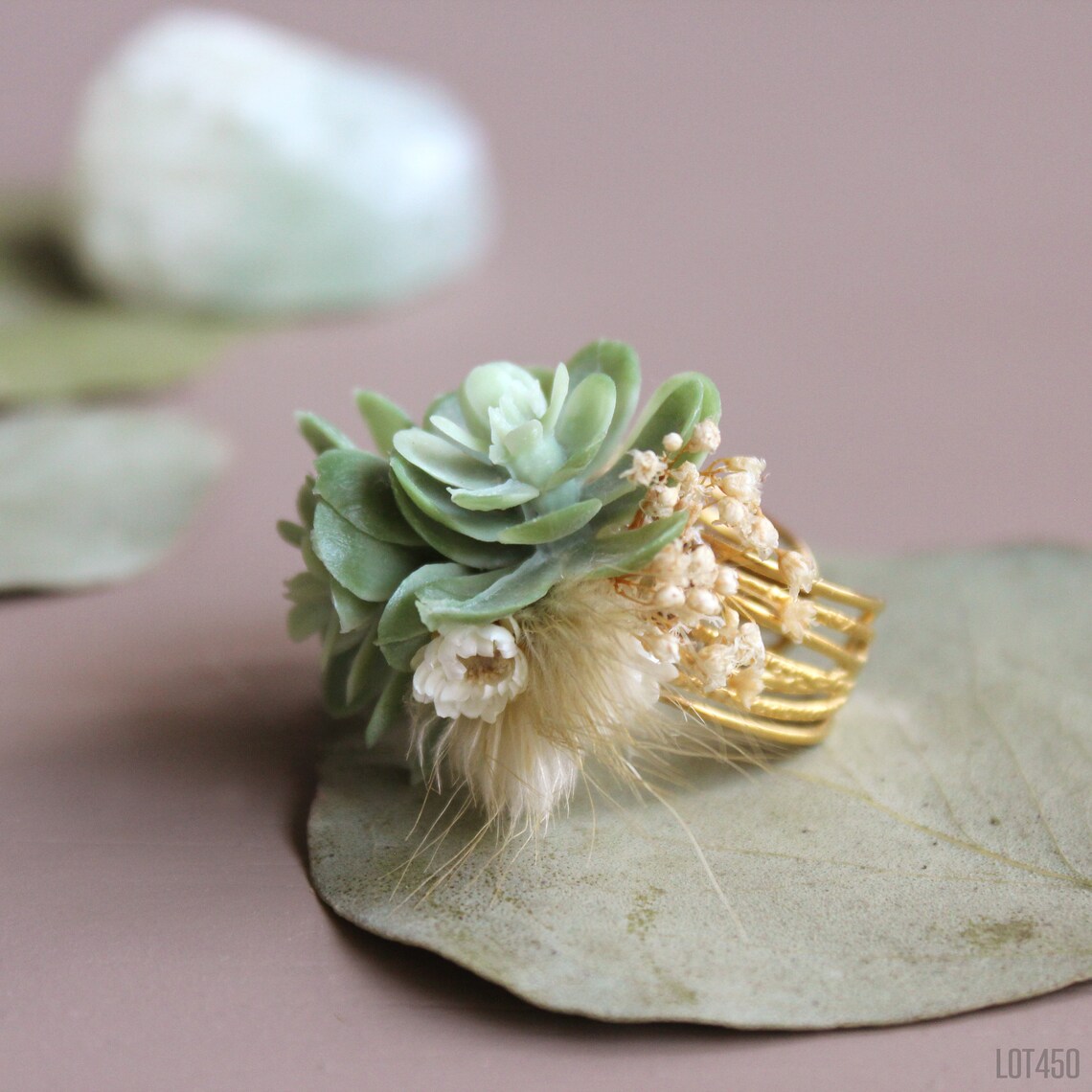 Succulent Ring With Artificial and Dried Flowers, Adjustable Flower ...