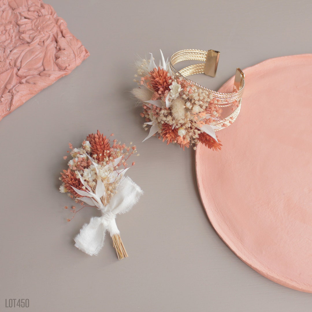 Orange Rust Boho Corsage and Boutonniere Set, Dried Flowers, Neutrals ...