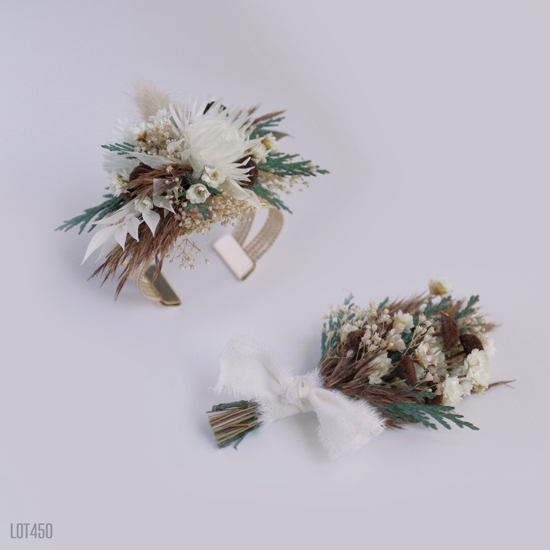 Winter Boho Corsage and Boutonniere Set, Dried Flowers, Gold Brown and ...