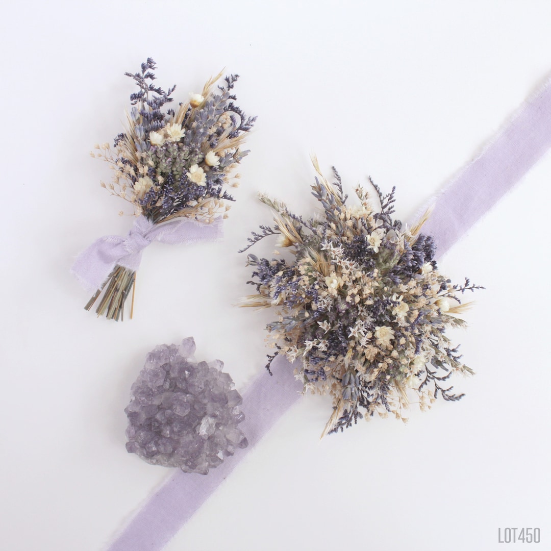 Lavender Wildflower Mix Corsage and Boutonniere Set, Purple Dried ...