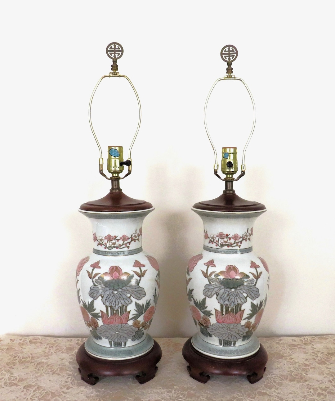 Pair of Vintage Chinese Celadon Table Lamps Lotus Flowers Chinoiserie ...
