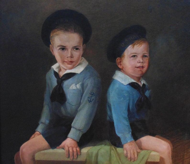 LARGE Antique Portrait Oil Painting of 2 Boys Brothers | Etsy