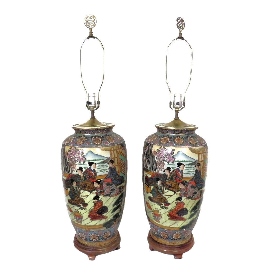 Pair of LARGE Vintage Chinese Table Lamps Vase Form Asian Oriental ...