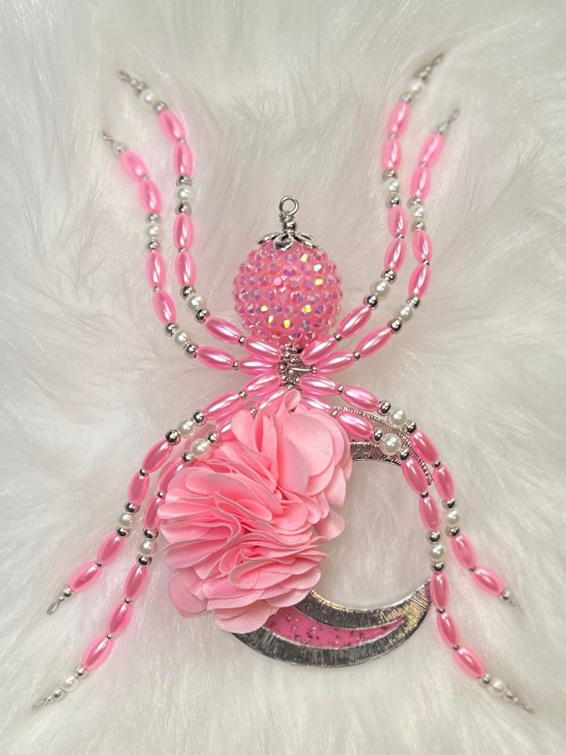 Pink Beaded Moon Spider With Flowers. - Etsy