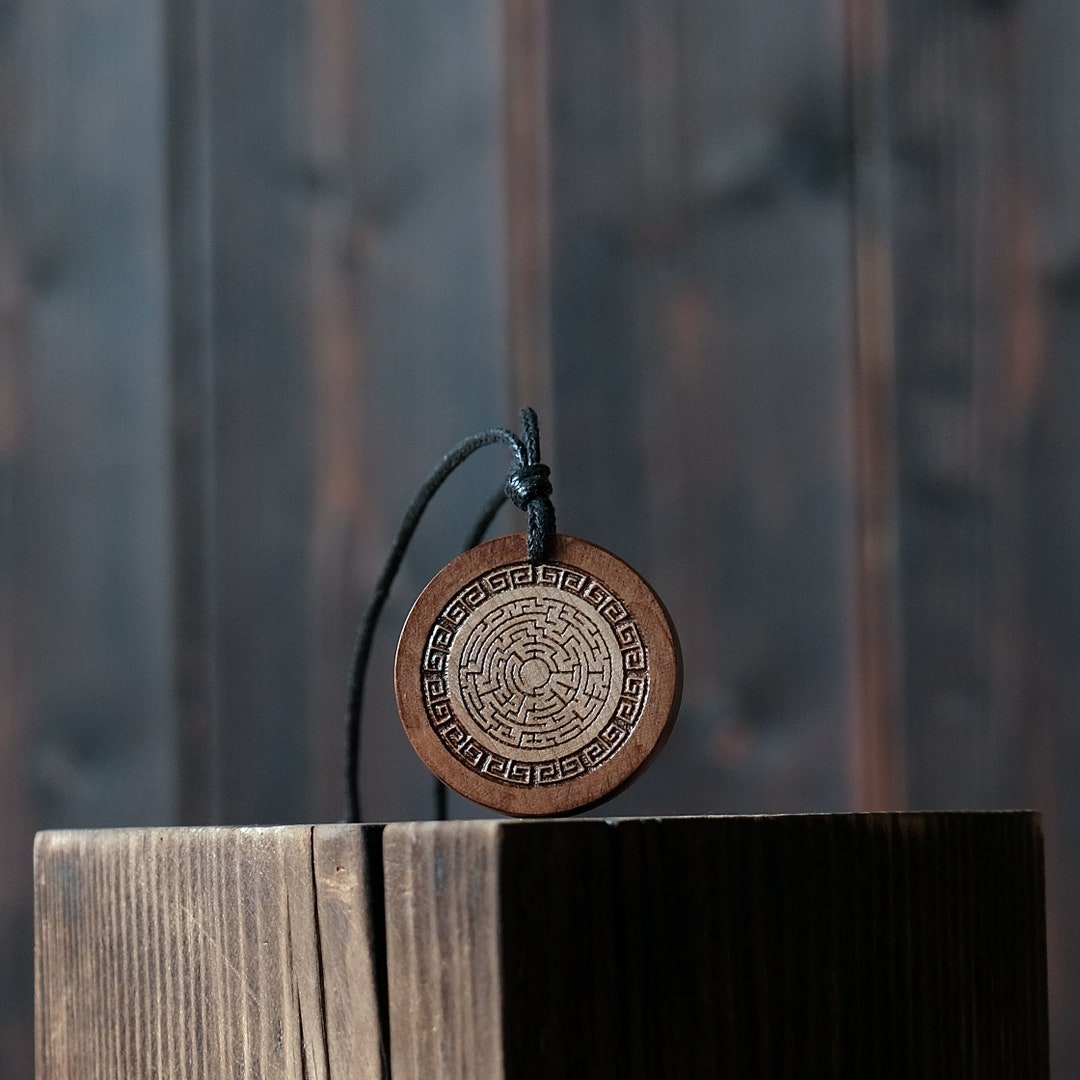 Labyrinth Necklace/pendant. Made From Solid Wood. Brown Colour, Round ...