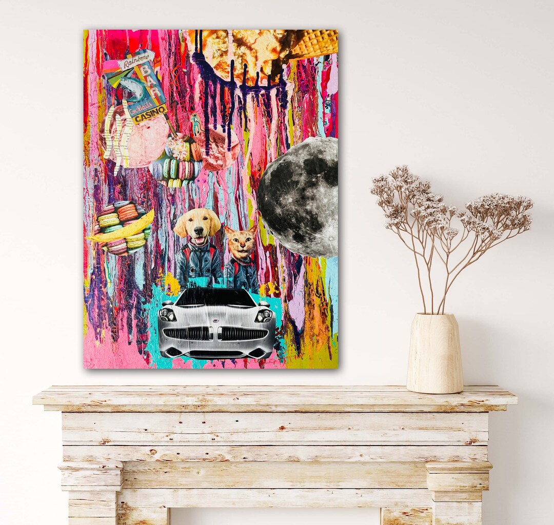 Outer Space Collage Surreal Abstract Painting Cat Dog Fun POP Art Retro ...