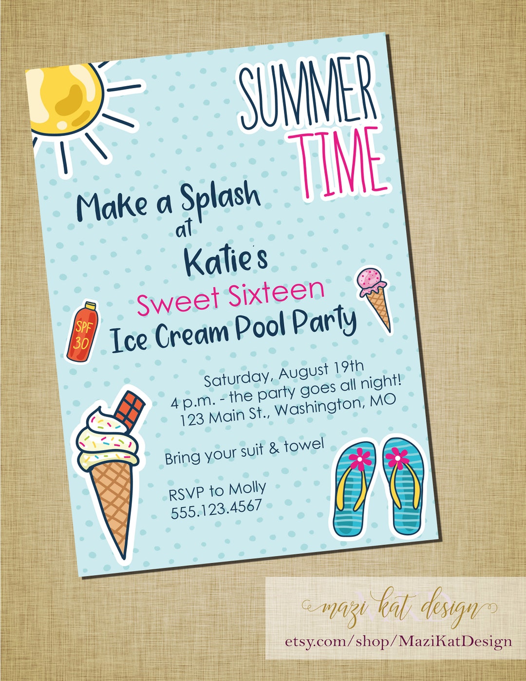 Summer Time Ice Cream & Pool Party Invitation - Etsy