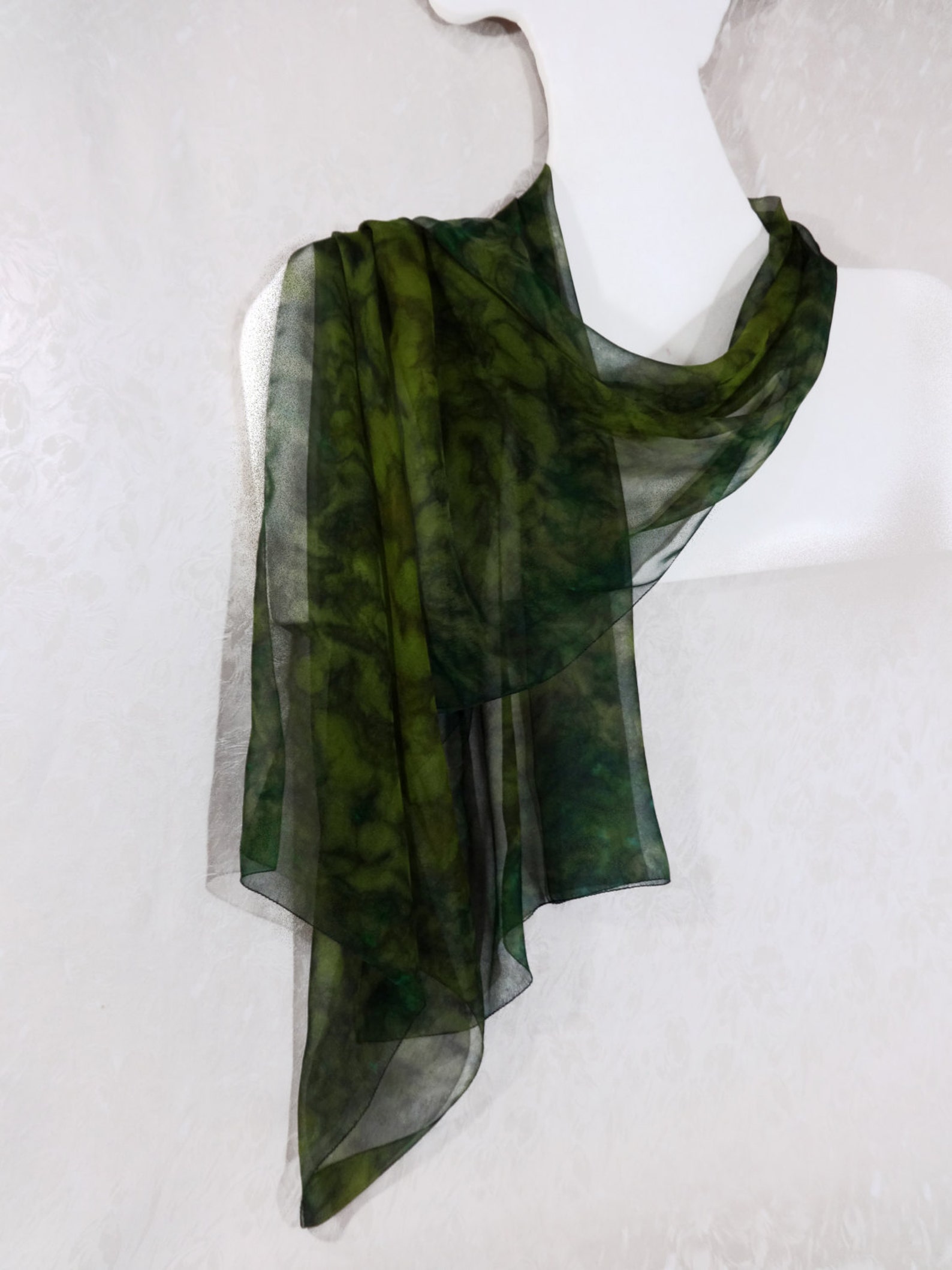 Green silk scarf chiffon Hand-painted Summer long scarves | Etsy