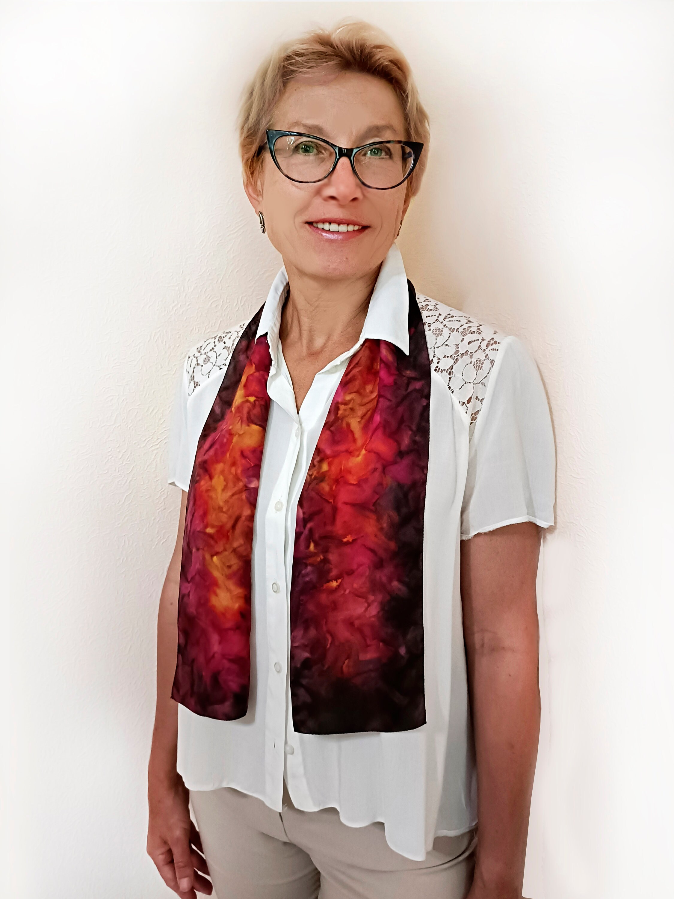 Pure Silk Ascot Scarf for Men Women Hand Painted Cravat Bordeaux Red ...