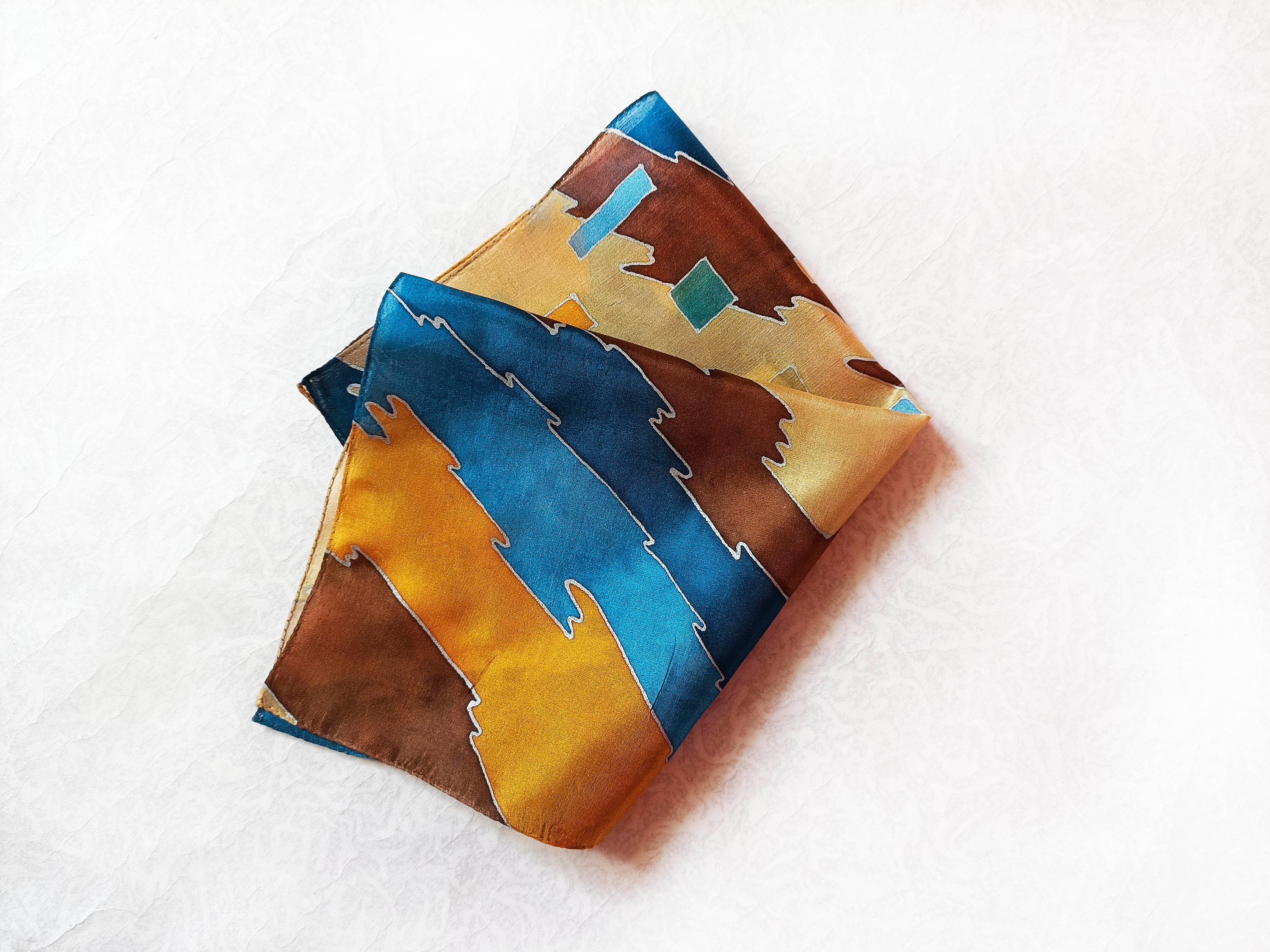 Silk Handkerchief Hand Painted Blue Yellow Brown Orange Unique Handmade ...